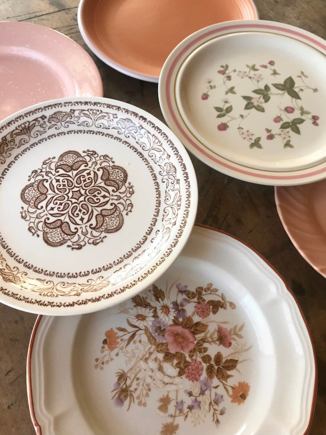 Mismatched Set of 6 Vintage Salad Plates, Earthtones, Peach and Rust ...
