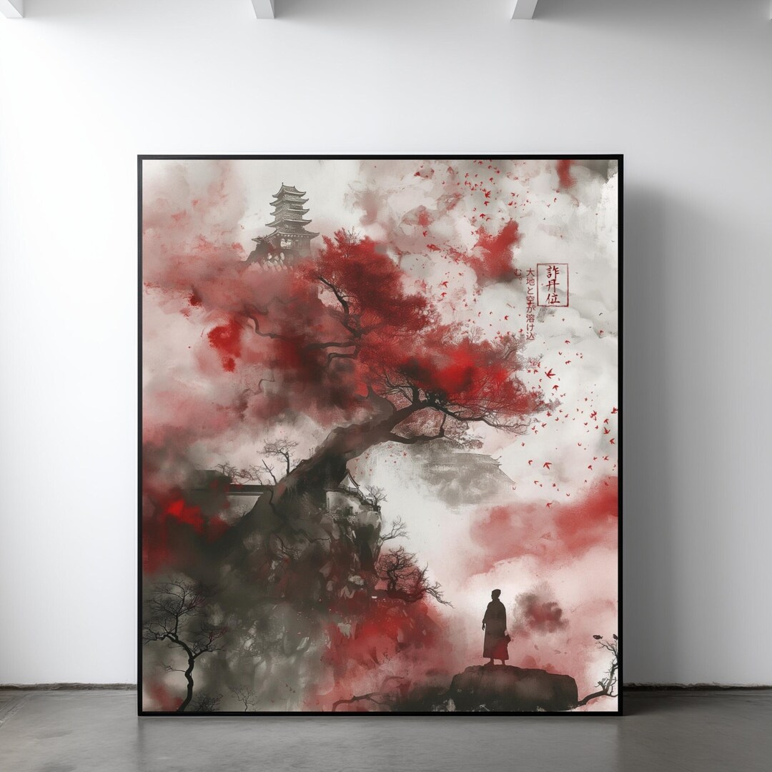 Vintage Zen Garden Art Japanese Red Printable Decor Peaceful Landscape ...
