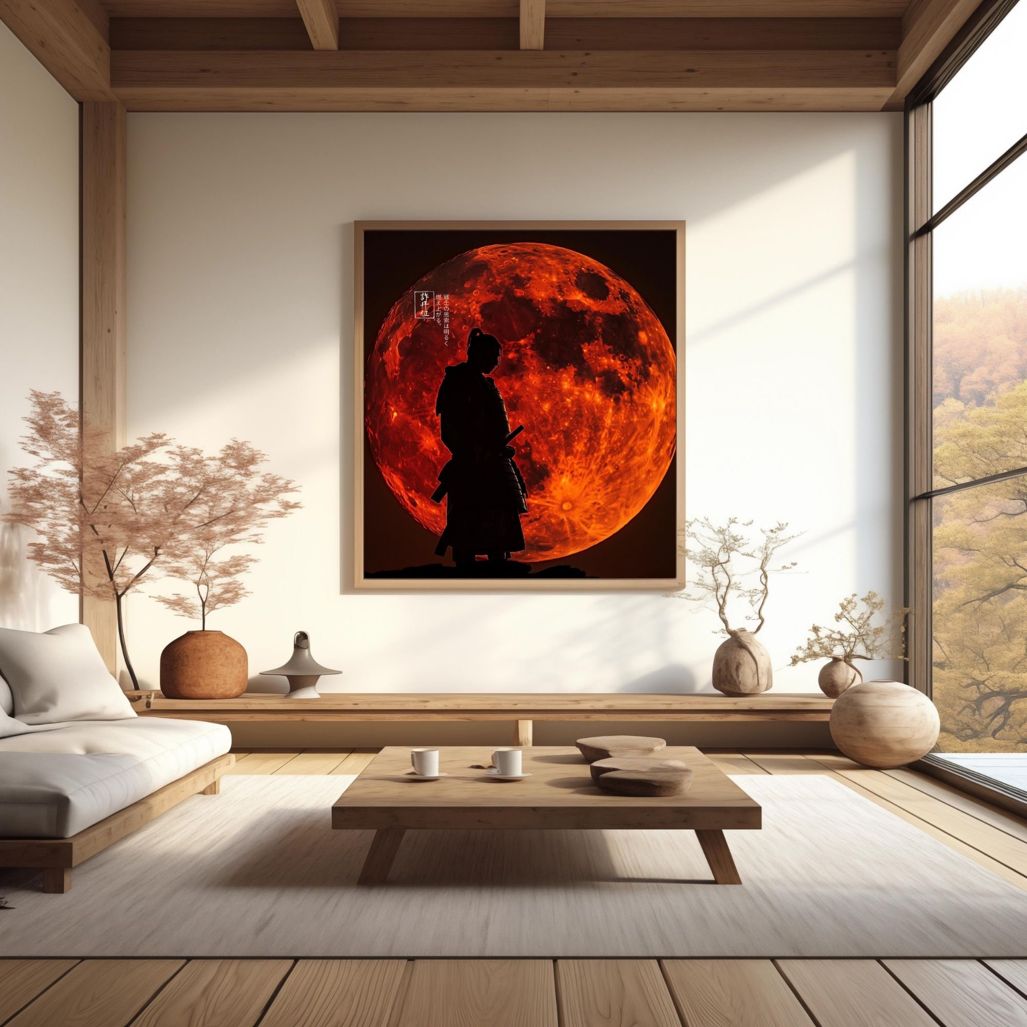 Vintage Samurai Moonlit Silhouette Art Japanese Warrior Red Moon Decor ...