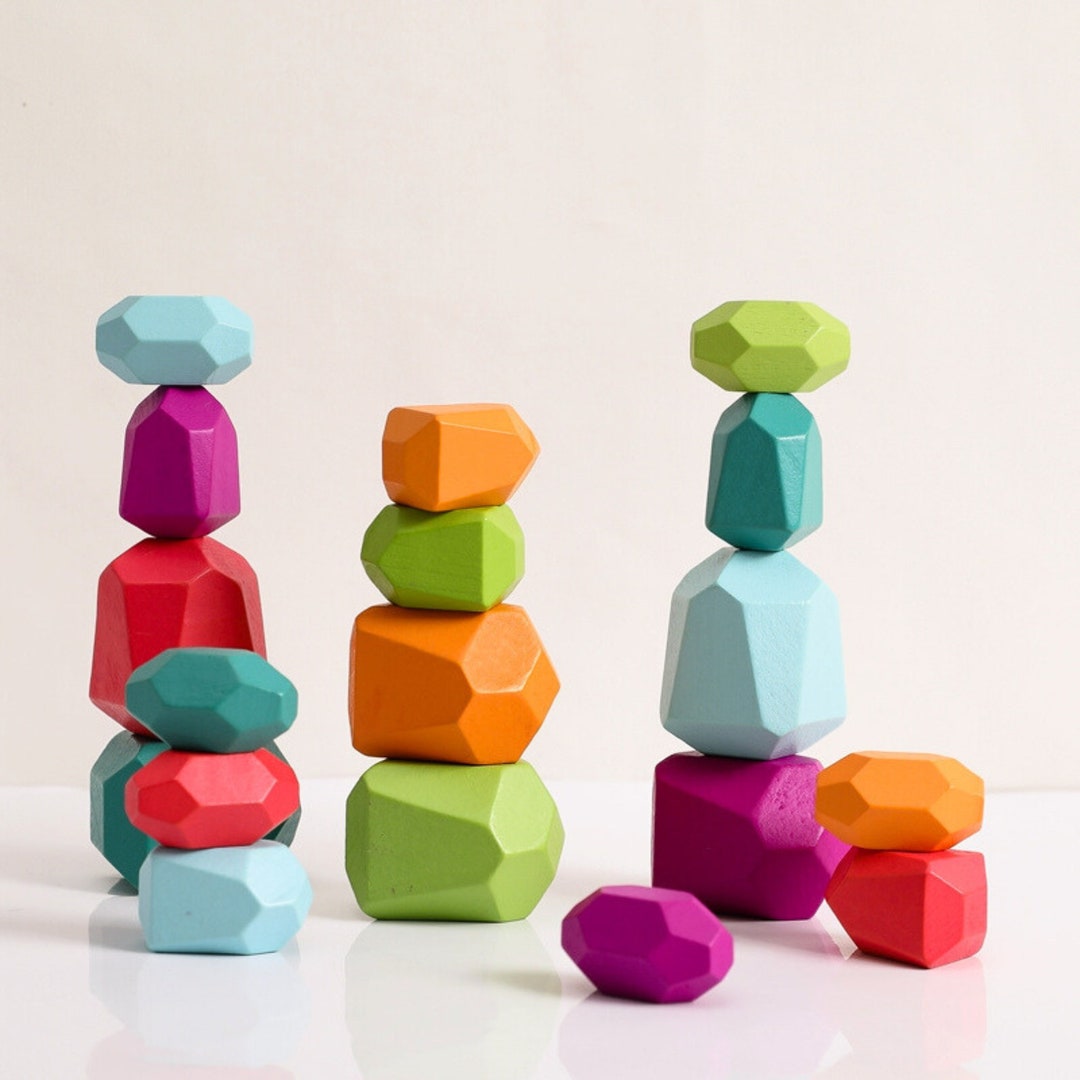 Wooden Rainbow Stones Building Blocks Colorful Wood Toy Block Stacker ...