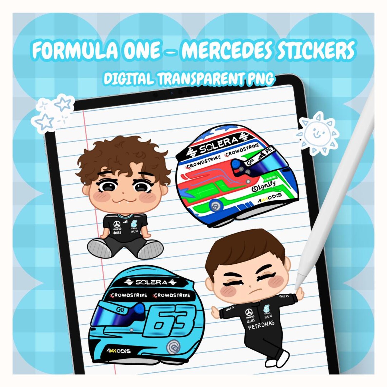 Mercedes 2025 F1 Stickers: George Russell & Kimi Antonelli Chibi PNG ...