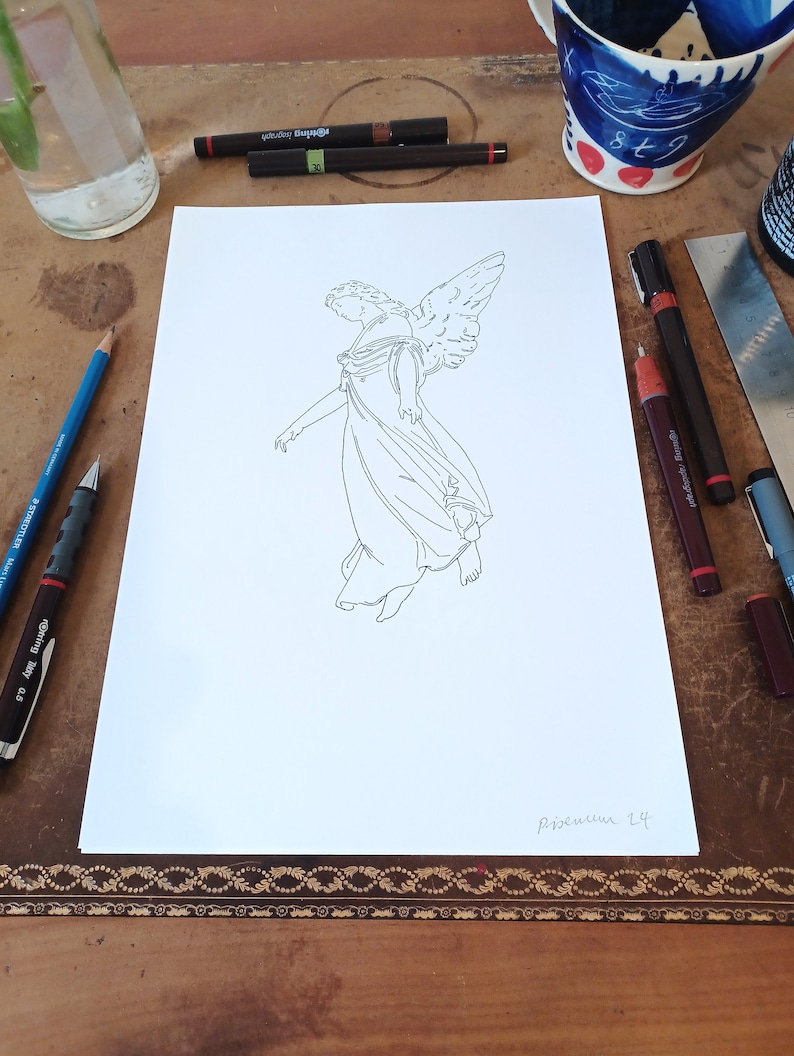 Angel in Flight. Guardian Angel Line Art. Signed Original Print ...