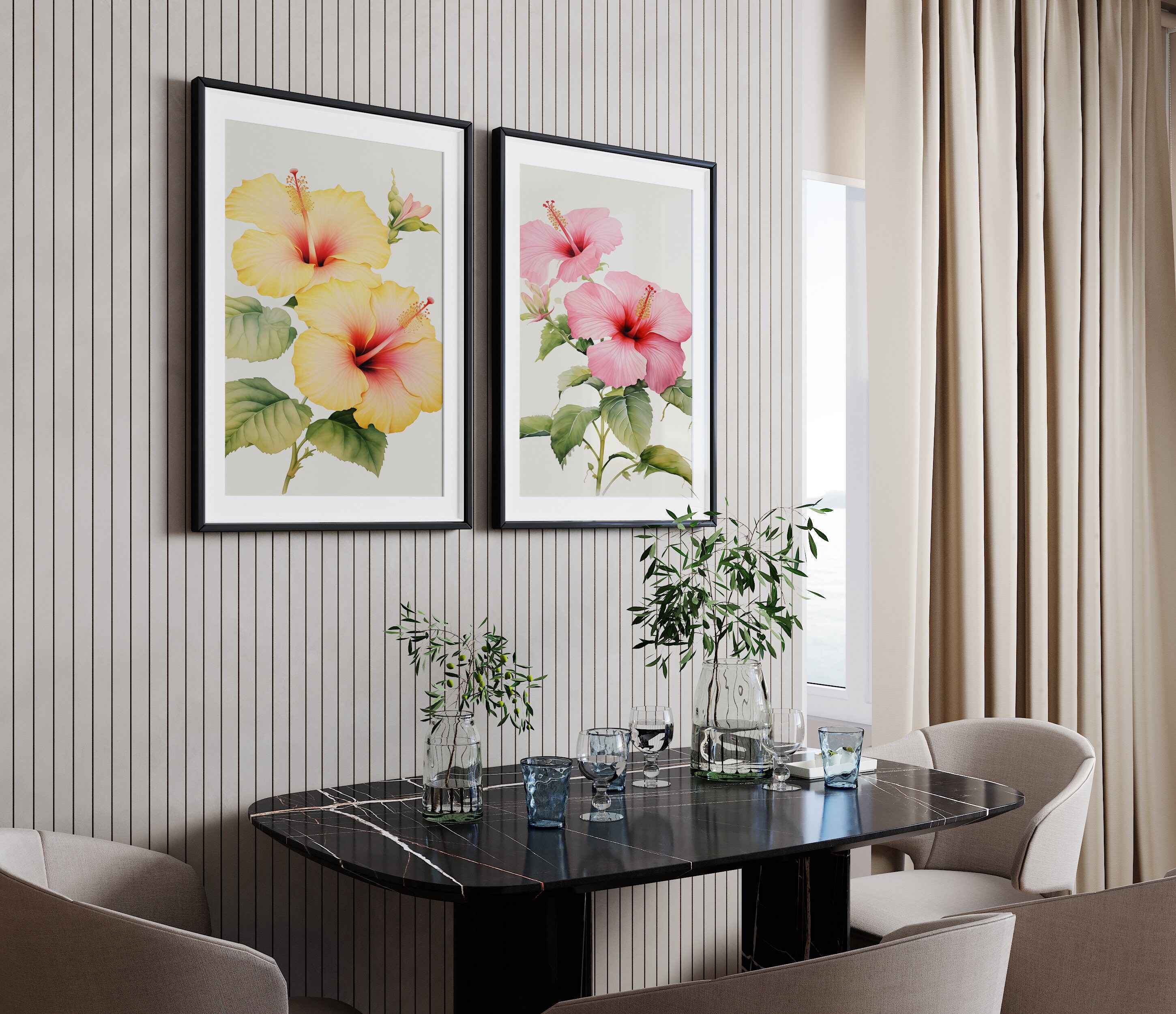 Set of 3 Hibiscus Flower Prints, Watercolor Wall Art, Botanical Print ...