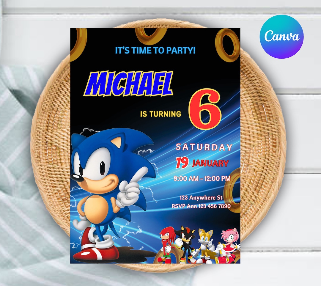 Plantilla editable de invitación de cumpleaños de Sonic, invitación de ...
