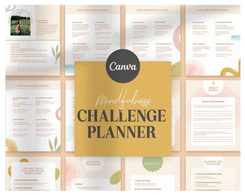 Mindfulness Challenge Planner Journal Canva Template- Editable Mindfulness Challenge Planner ...