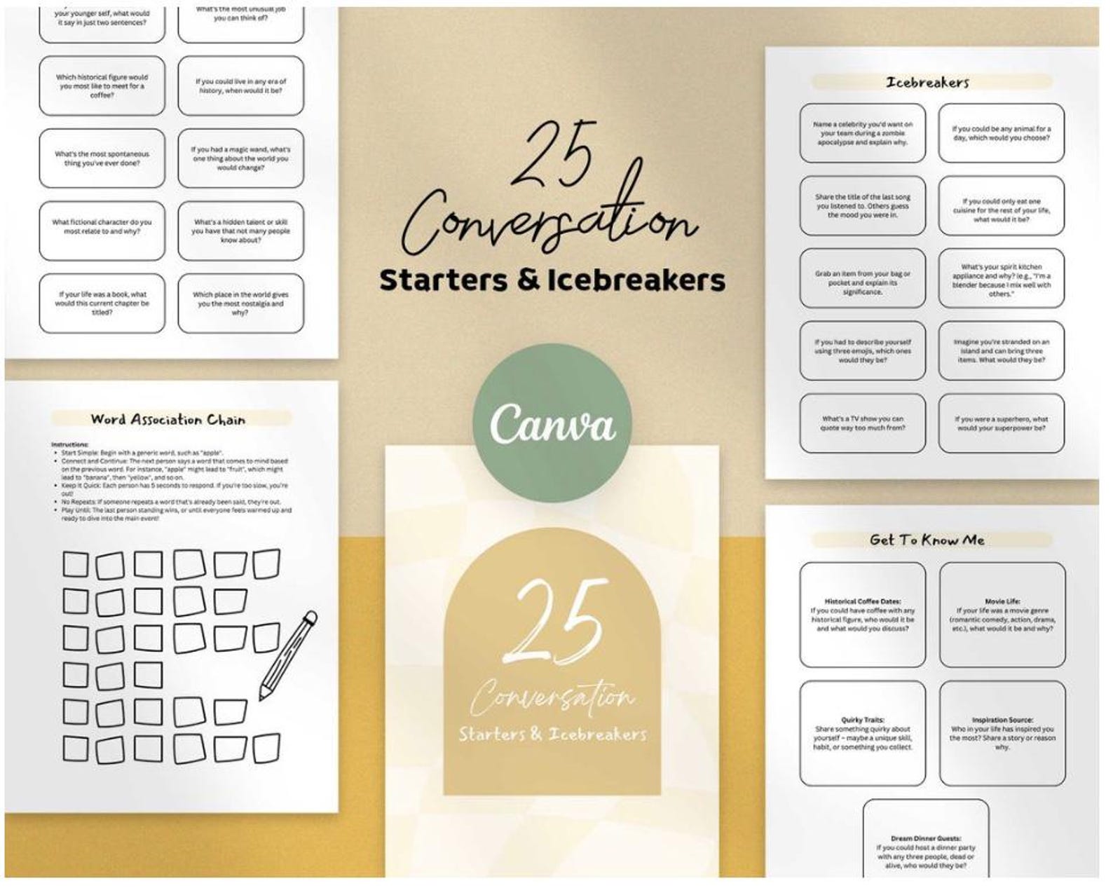 25 Conversation Starters & Icebreakers Canva Template.edible PDF, Conversation Tips. Printable ...