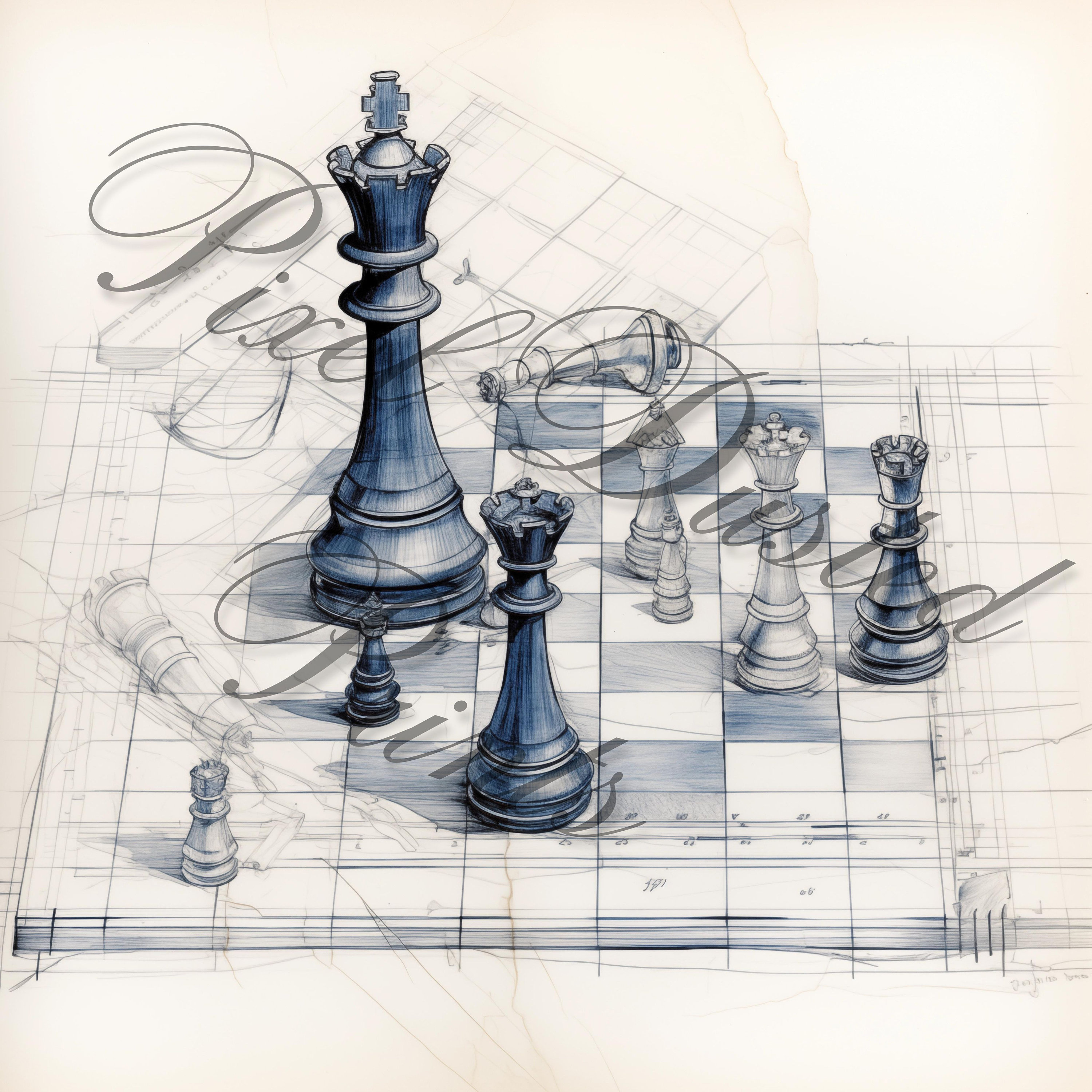 Analytic Digital Print of Chess Pieces, Chess Board Drawing, Sketch ...