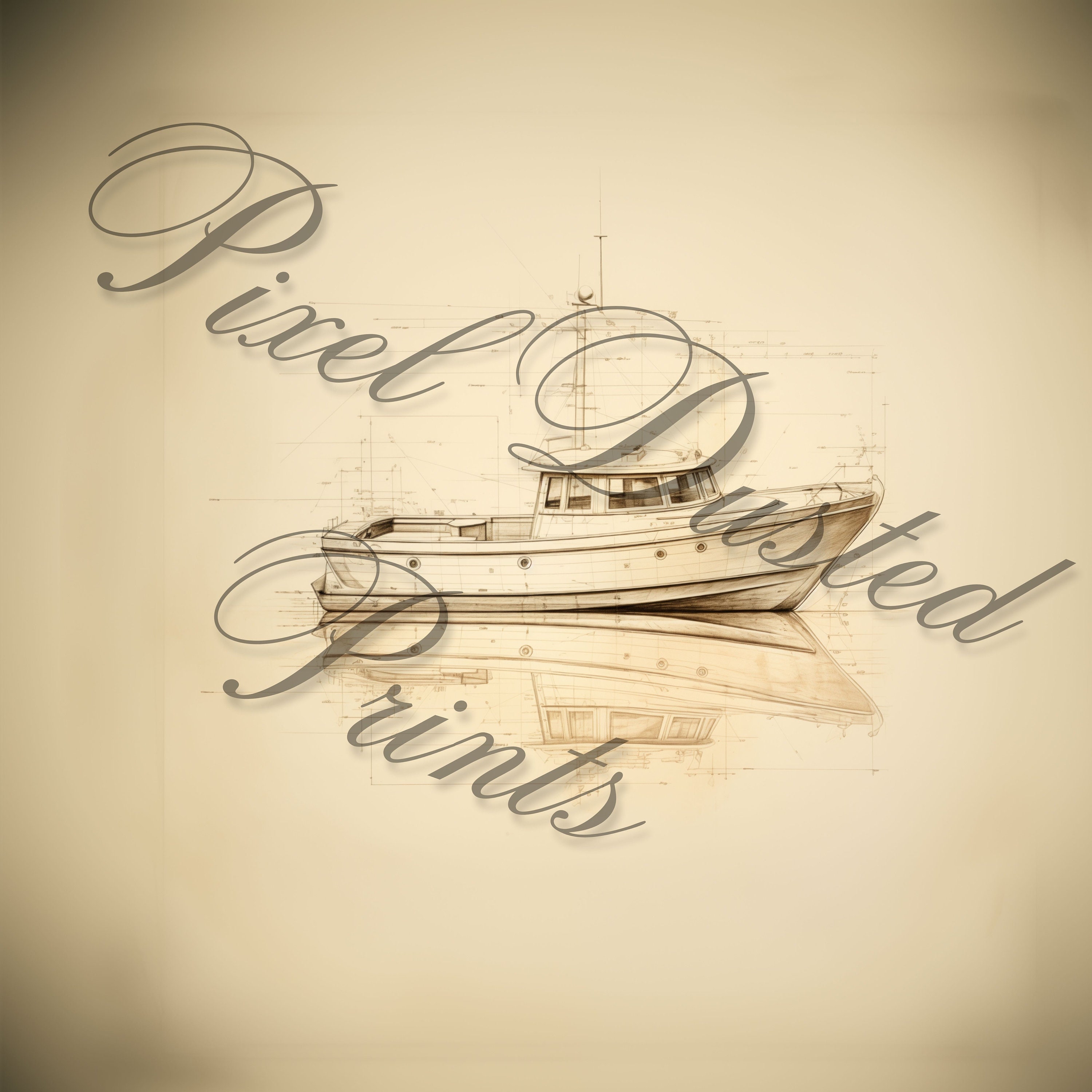 Analytic Digital Print of a Boat, Drawing, Blueprint, Vintage, Worn ...