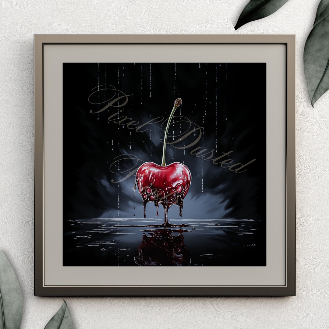 Watercolor Digital Print of a Cherry With Black Background, Abstract ...