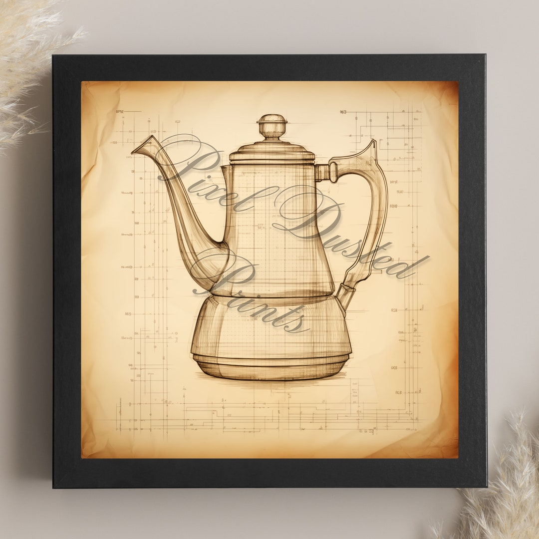 Analytic Digital Print of a Coffee Pot, Coffee Pot Drawing, Wall Art ...