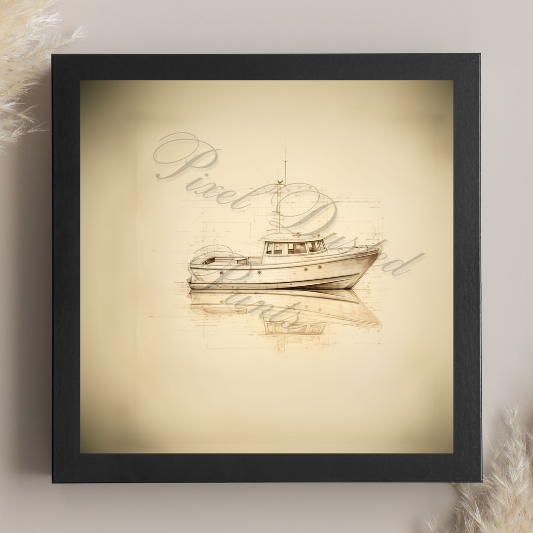 Analytic Digital Print of a Boat, Drawing, Blueprint, Vintage, Worn ...