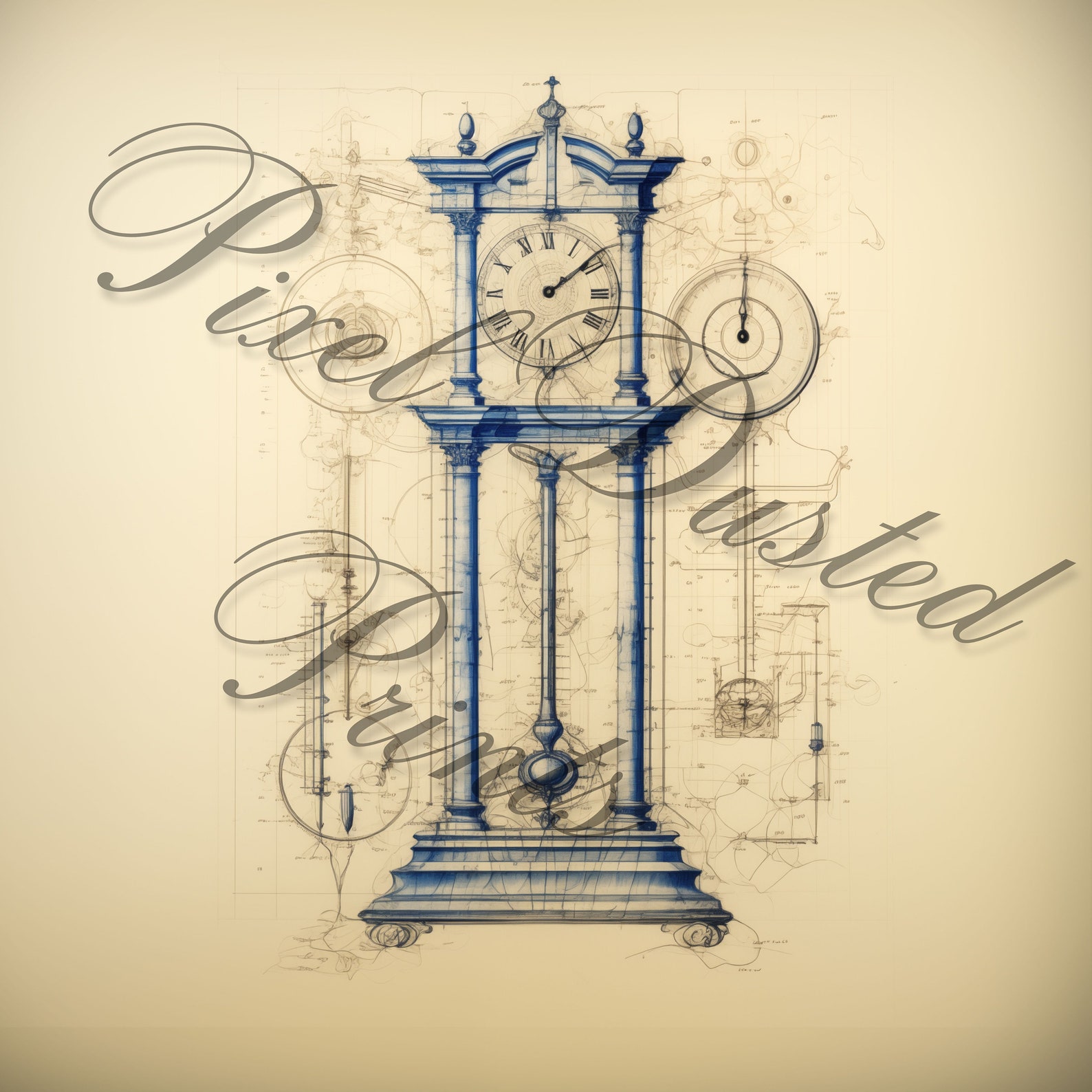 Analytic Digital Print of Clock, Drawing of Grandfather Clock, Clock ...