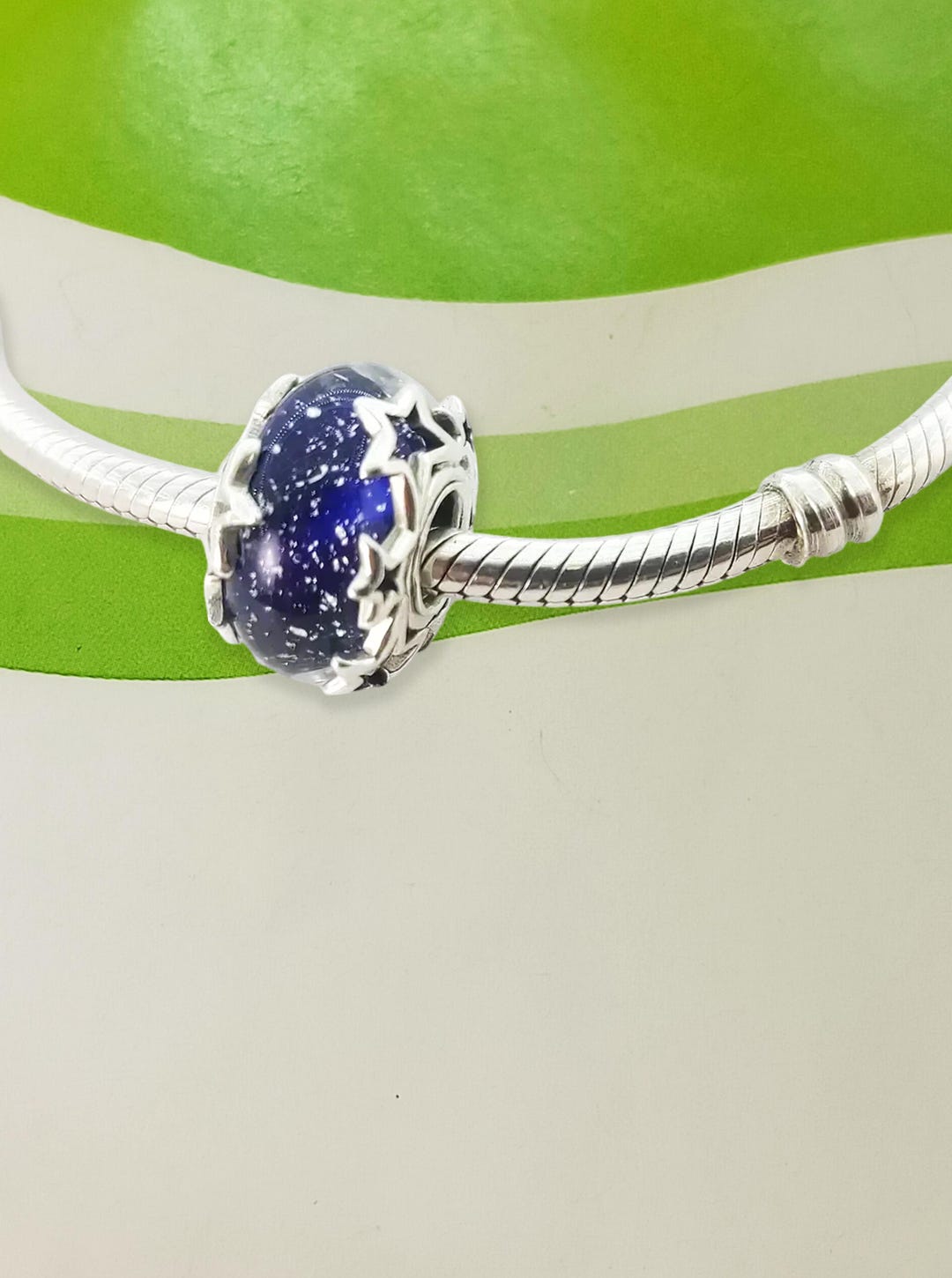 S925 Sterling Silver Galaxy Blue & Star Murano Glass Charm for European ...