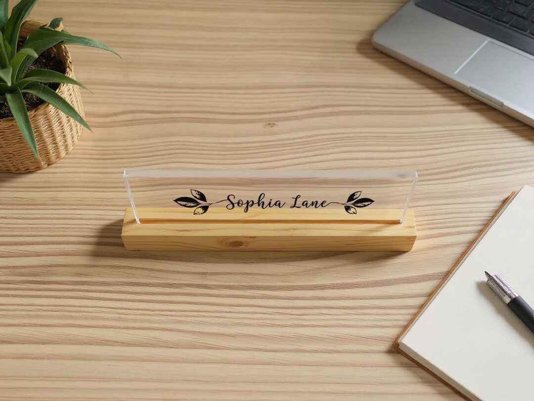 Custom Acrylic Desk Name Plate, Engraved Name Sign, Wood Base Name ...