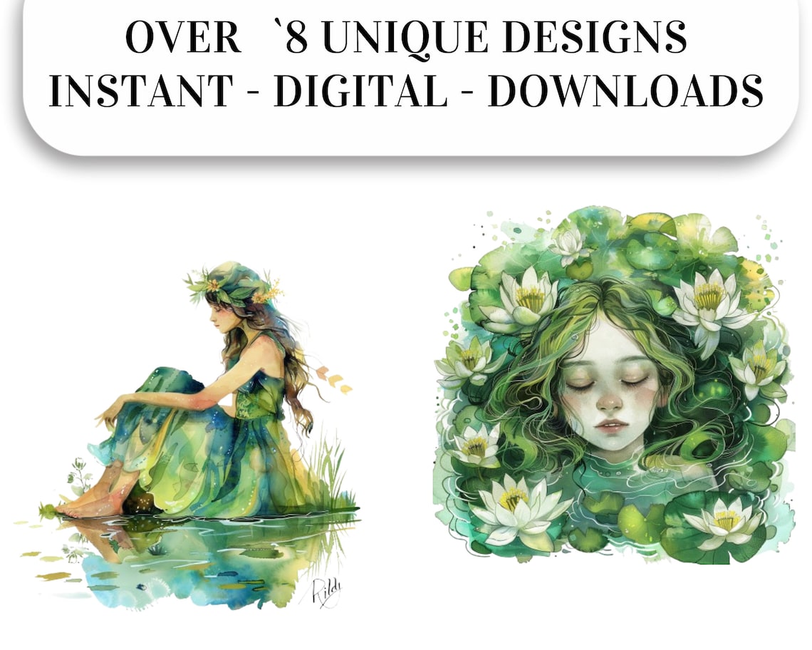 Set of 8, River Nymph Clipart, Magical Clipart, Nymph Clipart, Mystical Clipart, Nymph Art ...