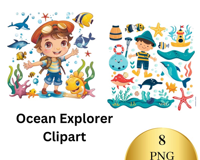 Set of 8, Ocean Explorer Clipart, Instant Download, Ocean Art, Kawai ...