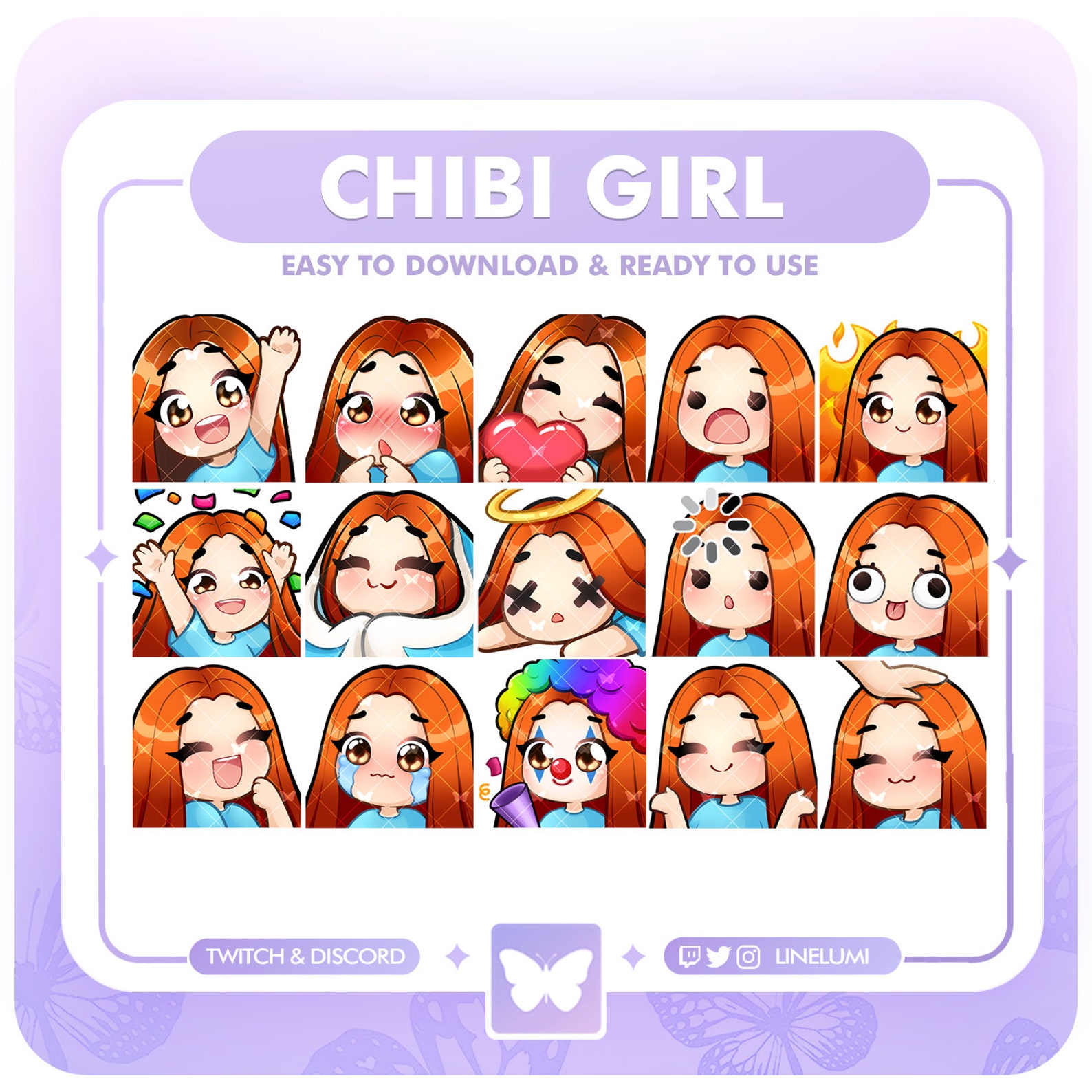 Red Hair & Brown Eyes Chibi Girl Emotes for Twitch and Discord Cute ...