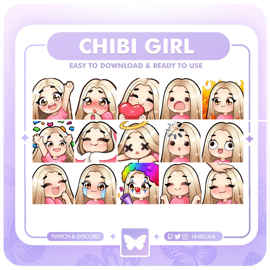 Blonde Hair & Brown Eyes Chibi Girl Emotes for Twitch and Discord Cute ...