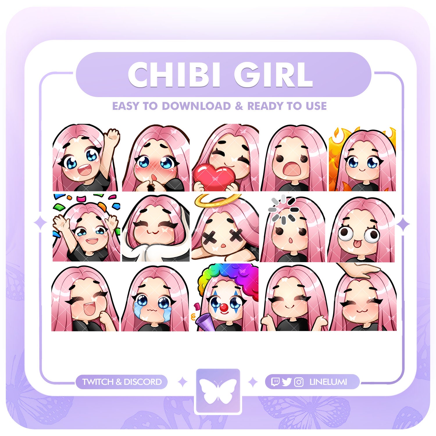 Pink Hair & Blue Eyes Chibi Girl Emotes for Twitch and Discord Cute ...