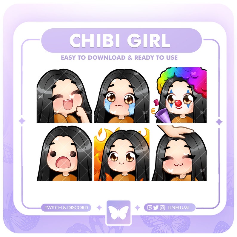 Black Hair & Brown Eyes Chibi Girl Emotes for Twitch and Discord Cute ...