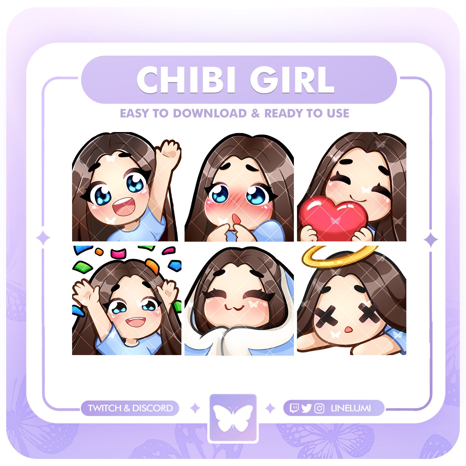 Brown Hair & Blue Eyes Chibi Girl Emotes for Twitch and Discord Cute ...