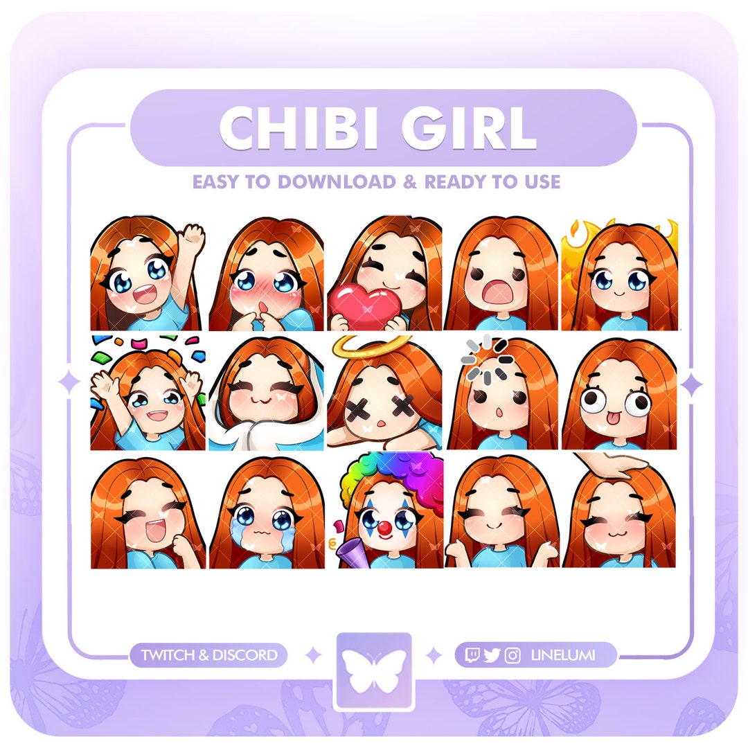 Pelo rojo y ojos azules Chibi Girl Emotes para Twitch y Discord / Cute ...