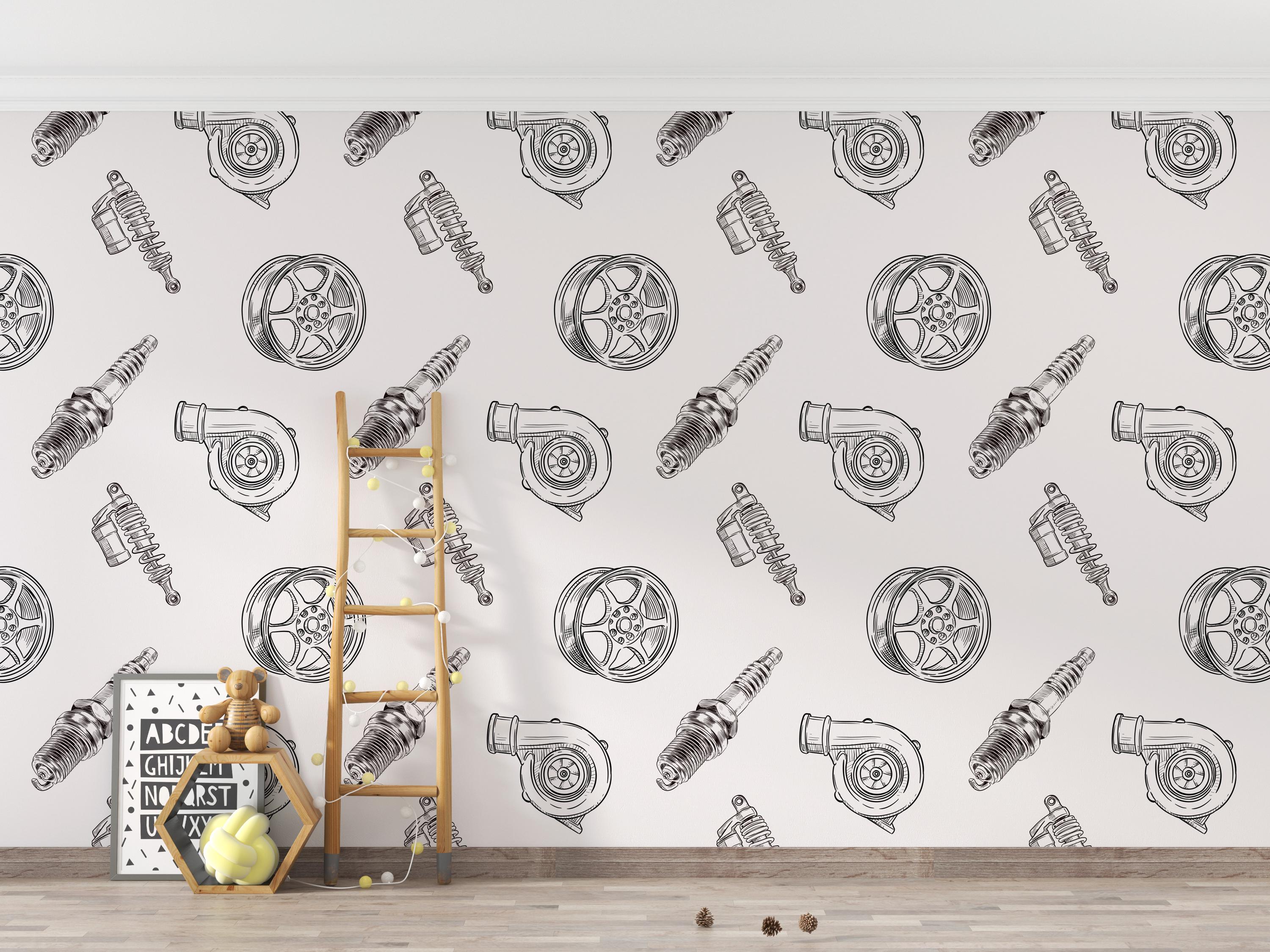 Car Parts Wallpaper: Automotive Theme, Peel and Stick Wall Decor - Etsy