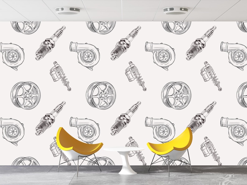 Car Parts Wallpaper: Automotive Theme, Peel and Stick Wall Decor - Etsy