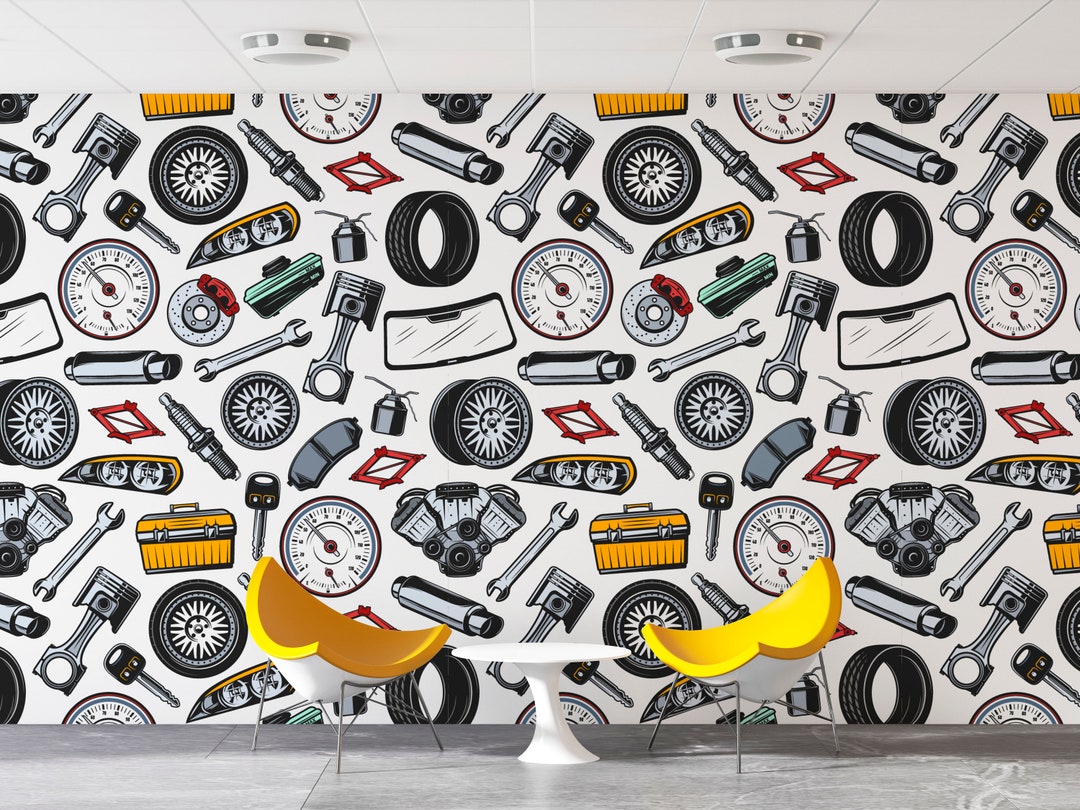 Car Parts Peel and Stick Wallpaper: Automotive Theme Wall Decor - Etsy