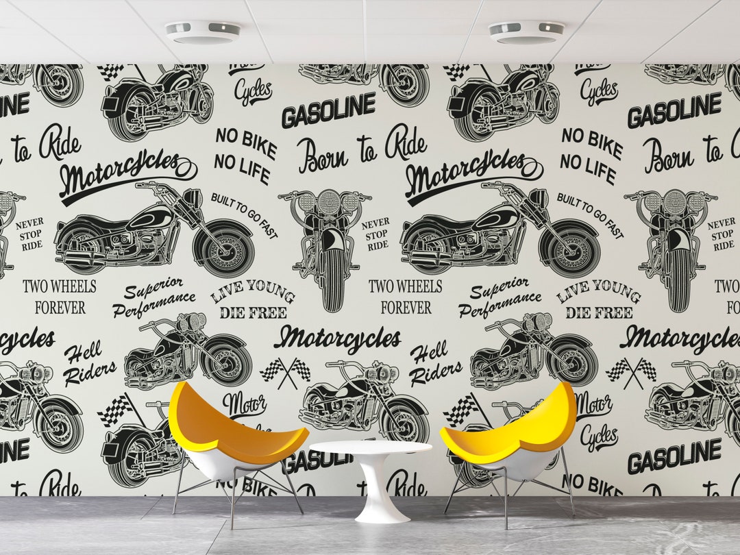 Vintage Motorcycle Pattern Wallpaper - Peel and Stick Removable Wall ...
