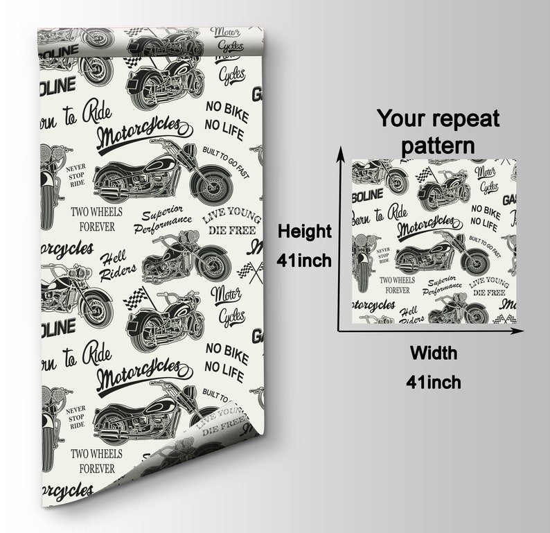 Vintage Motorcycle Pattern Wallpaper - Peel and Stick Removable Wall ...