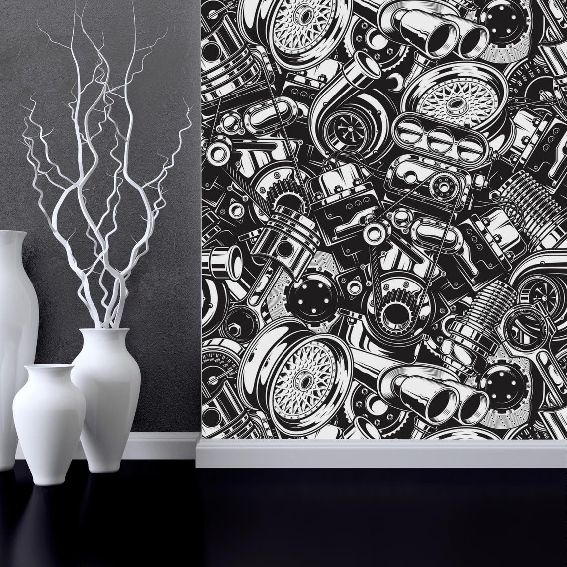 Car Parts Wallpaper: Automotive Theme, Peel and Stick Wall Decor - Etsy