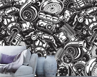 Car Parts Peel and Stick Wallpaper: Automotive Theme Wall Decor - Etsy