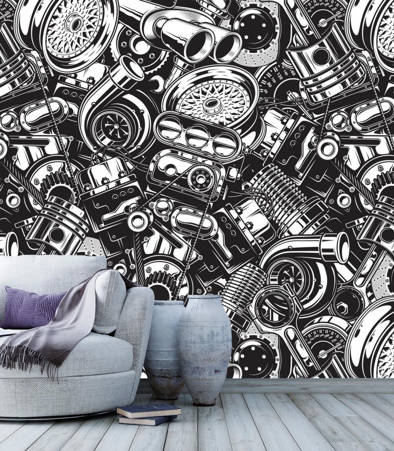 Car Parts Wallpaper: Automotive Theme, Peel and Stick Wall Decor - Etsy