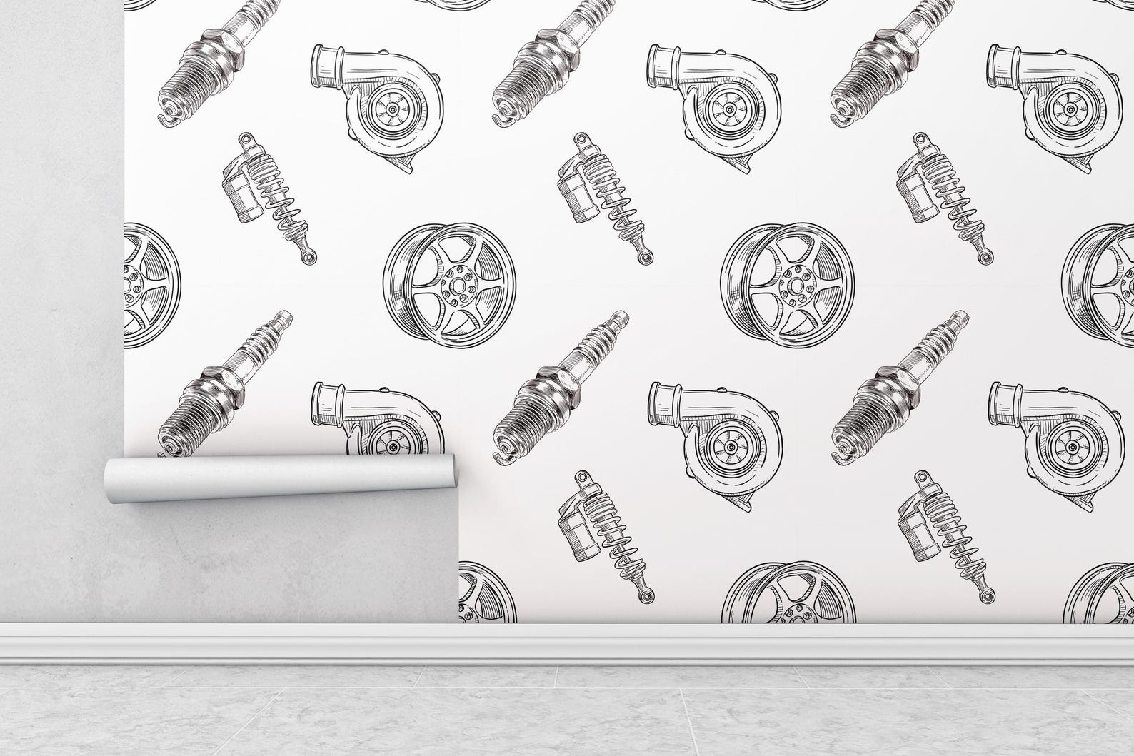 Car Parts Wallpaper: Automotive Theme, Peel and Stick Wall Decor - Etsy