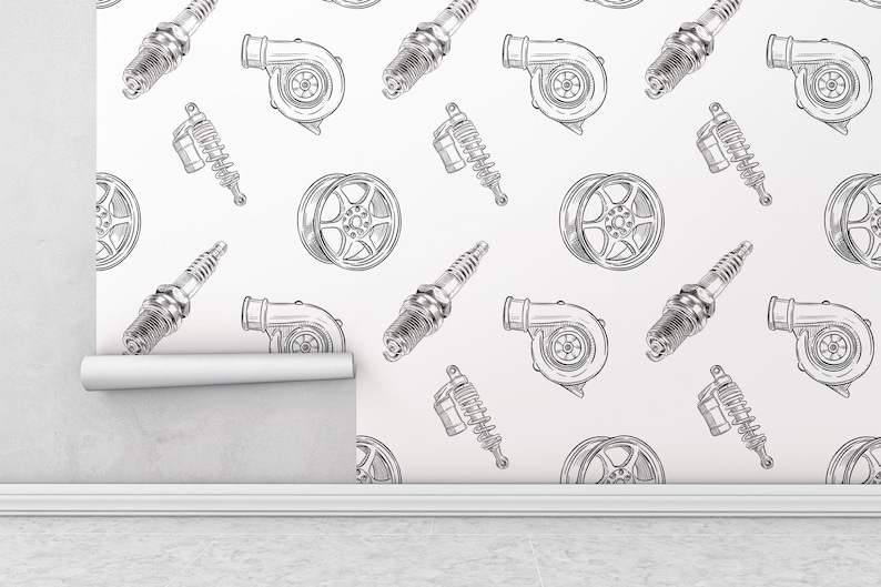 Car Parts Wallpaper: Automotive Theme, Peel and Stick Wall Decor - Etsy