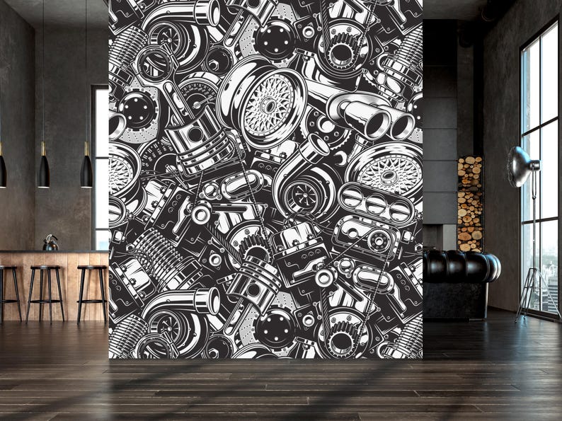 Car Parts Wallpaper: Automotive Theme, Peel and Stick Wall Decor - Etsy