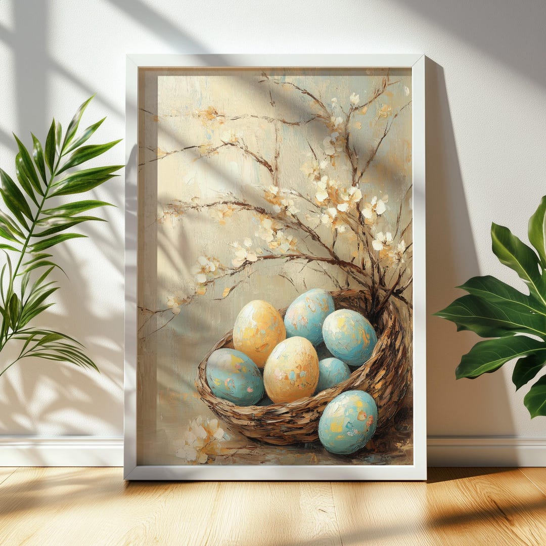 Easter Egg Oil Painting | Rustic Wicker Basket Art | Soft Earthy Tones ...