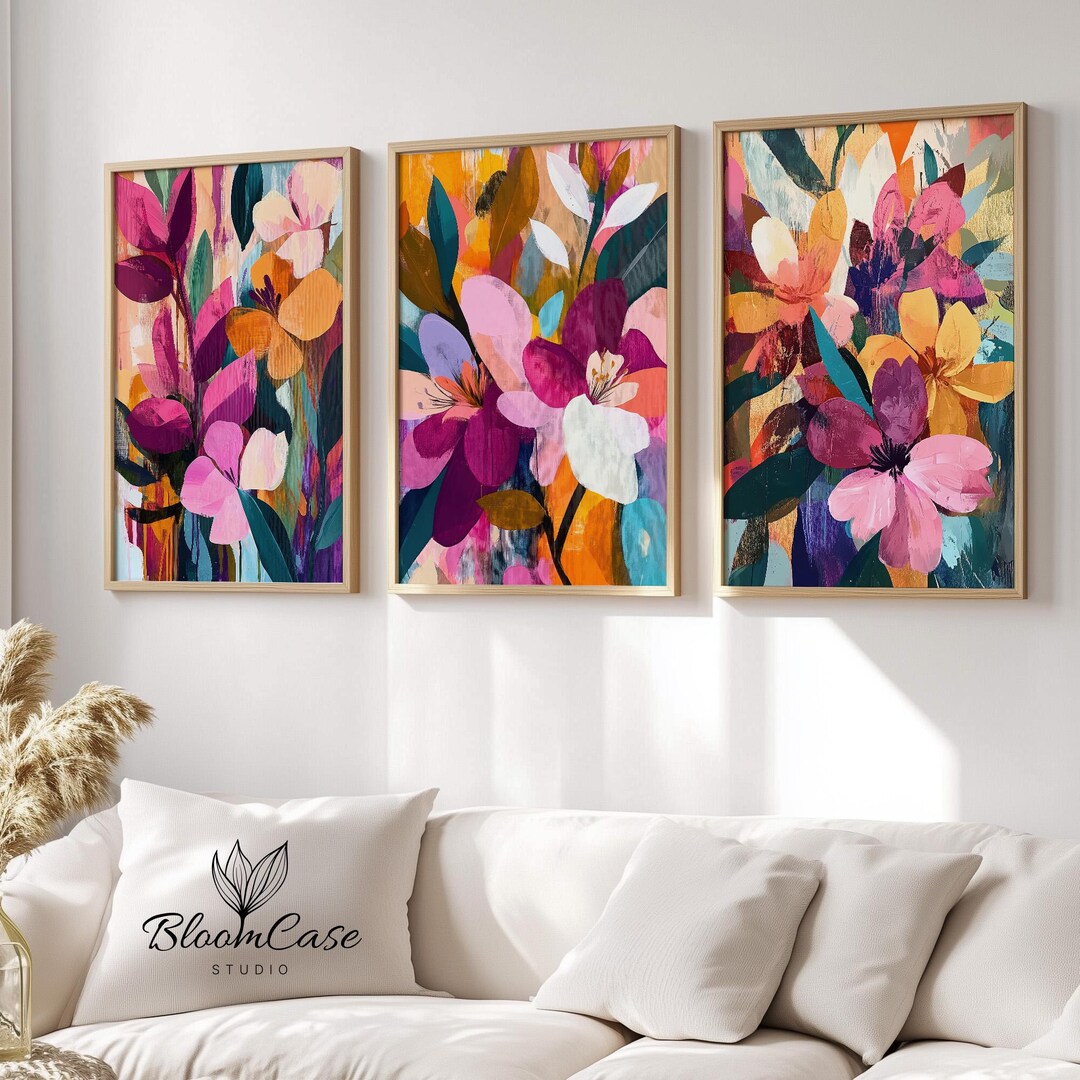 Trio of Abstract Flower Prints | Bold Wall Art Download | Colorful ...