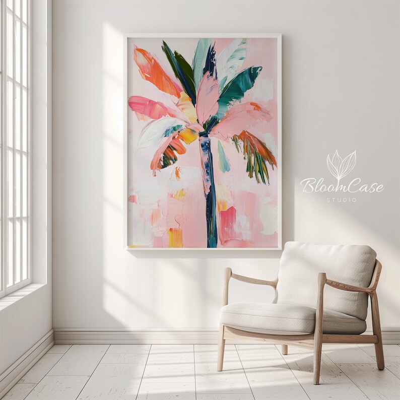 Pink Palm Tree Painting, Abstract Tropical Wall Art, Bold Brushstroke ...