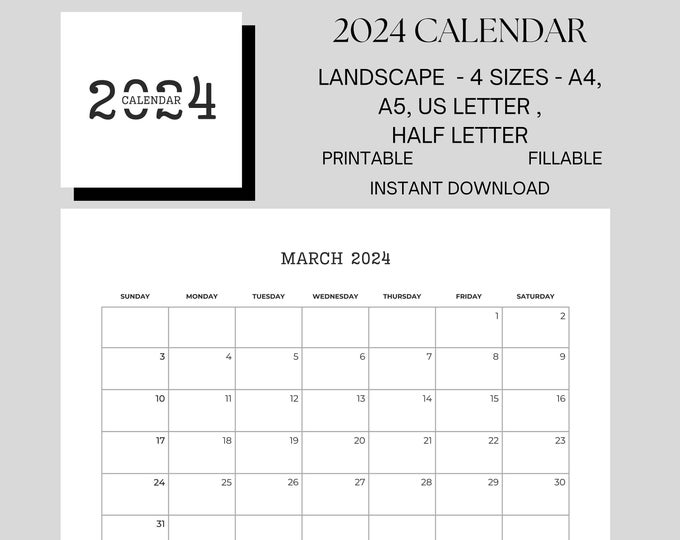 Printable Calendar | Monthly Planner 2024 - Landscape A4 US Letter A5 ...