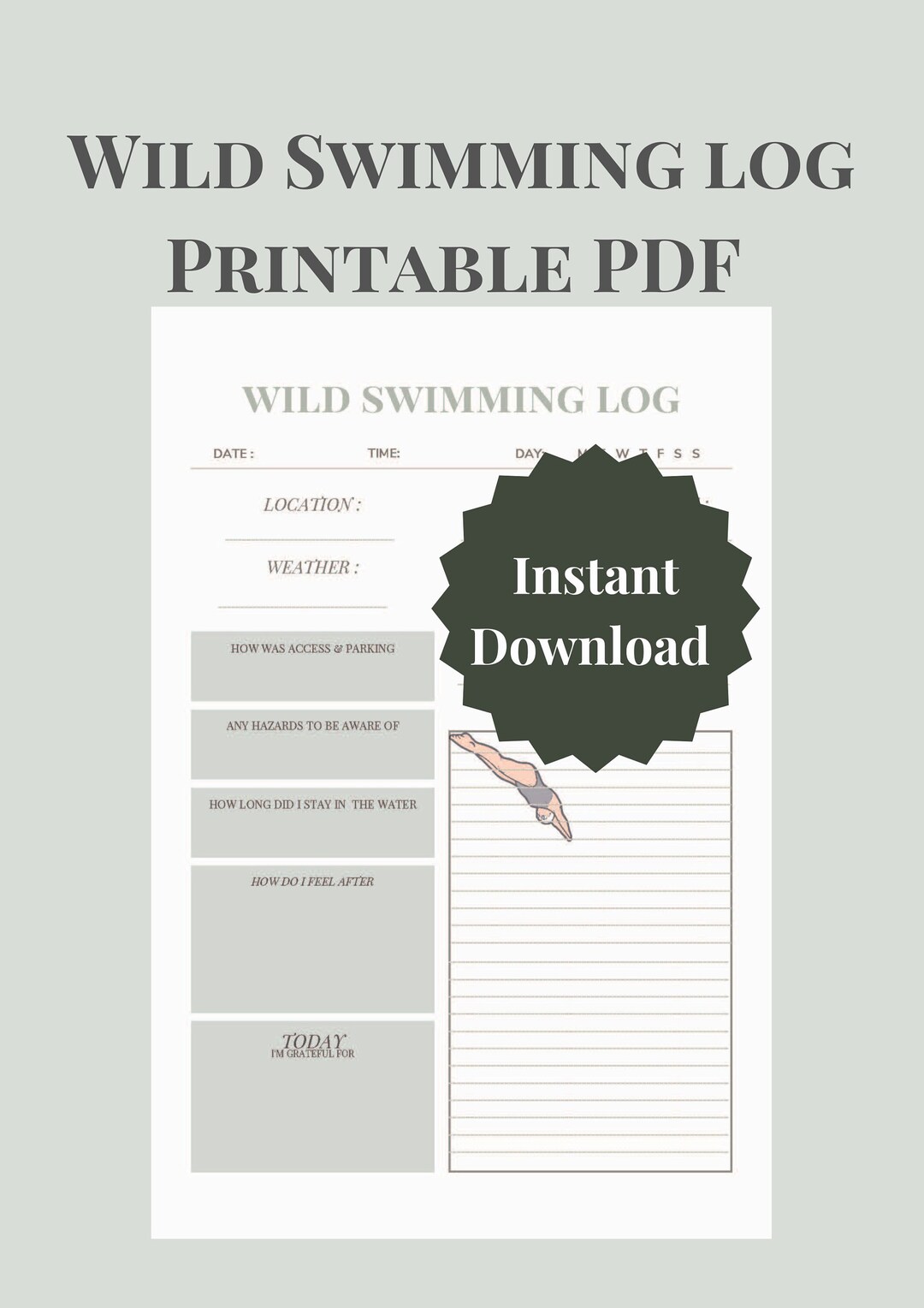 Printable Wild Swimming Log | Open Water Swimming Tracker| PDF to ...