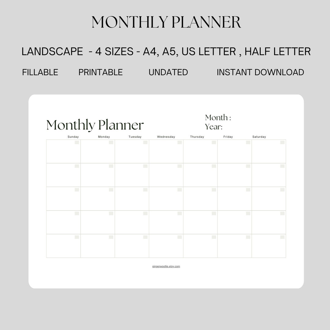 Editable Monthly Planner Template Month at a Glance Landscape A4 US ...