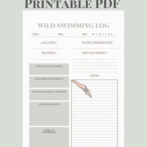Printable Wild Swimming Log | Open Water Swimming Tracker| PDF to ...