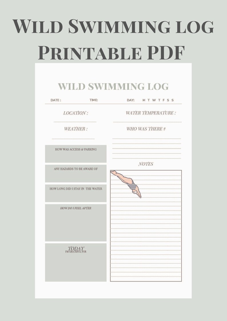Printable Wild Swimming Log | Open Water Swimming Tracker| PDF to ...