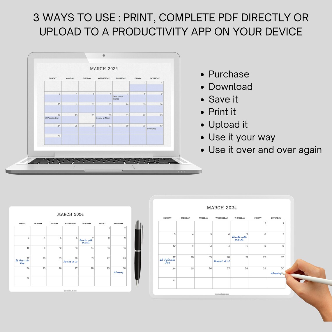 Printable Calendar Monthly Planner 2024 Landscape A4 US Letter A5 ...