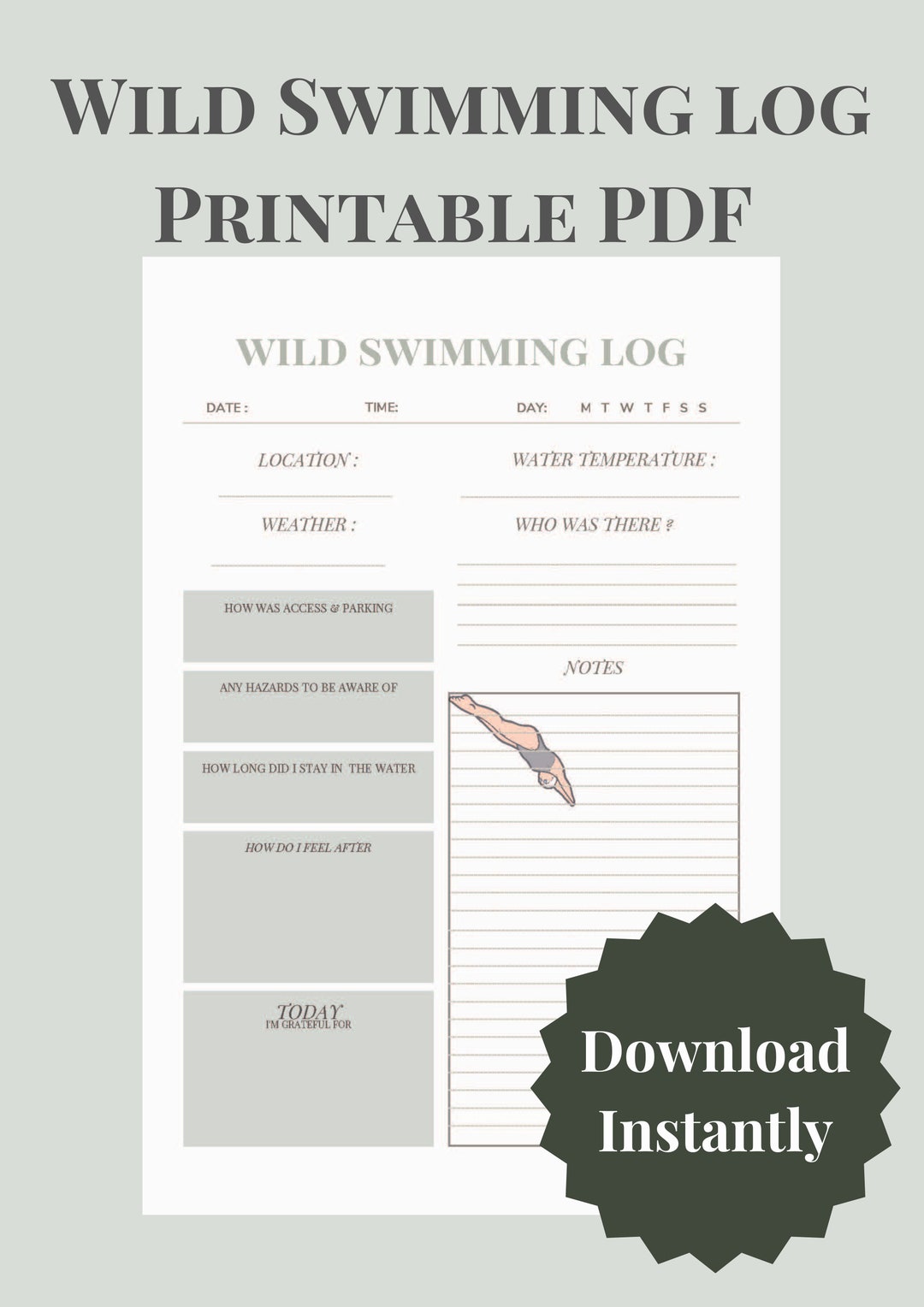 Printable Wild Swimming Log Open Water Swimming Tracker PDF to Record ...