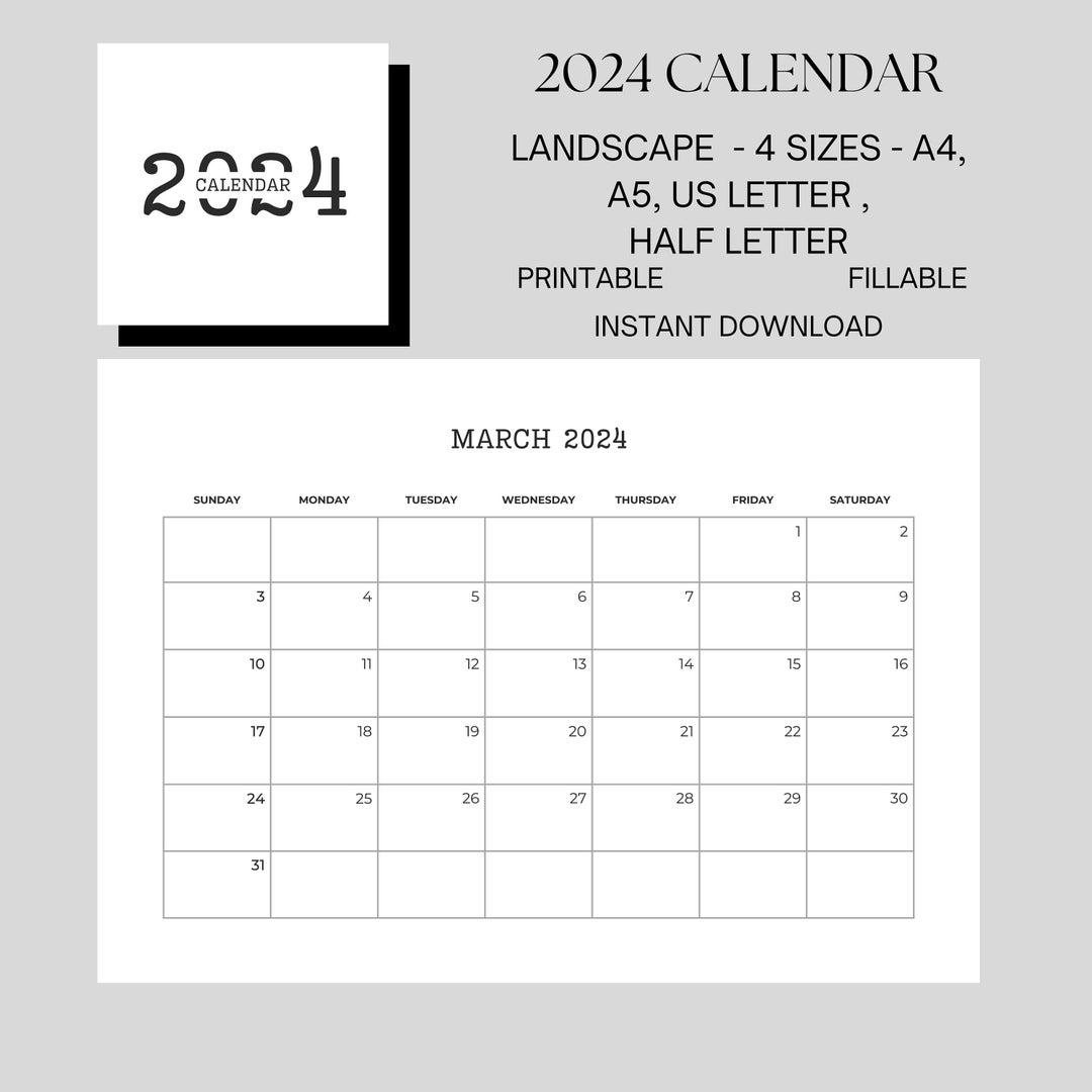 Printable Calendar | Monthly Planner 2024 - Landscape A4 US Letter A5 ...
