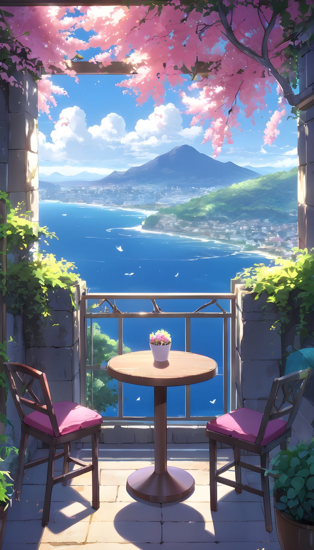 Cute Kawaii Japanese Fuji Mountain Seen From Lovely Balcony With Pink ...
