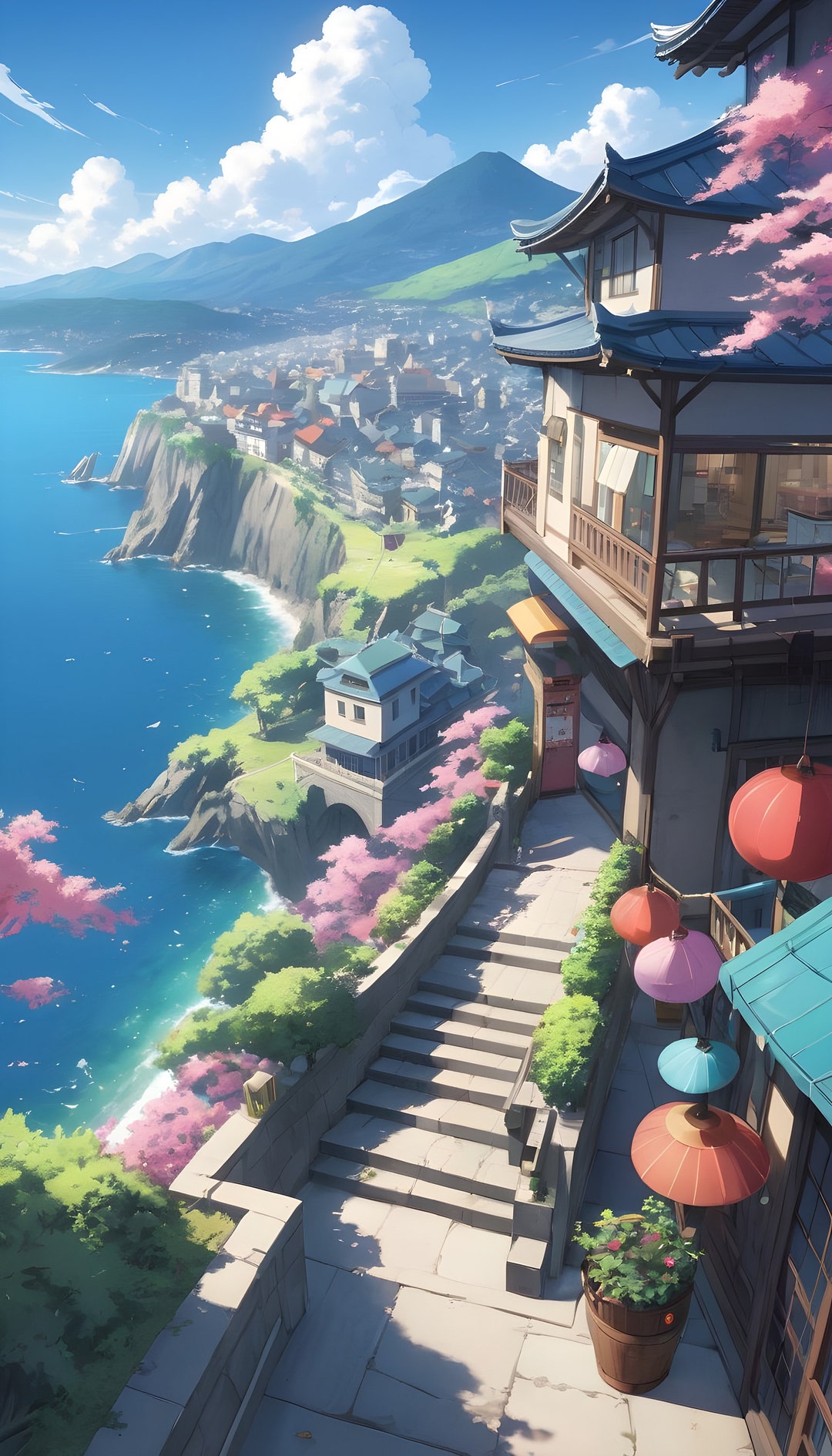 Cute Kawaii Japanese Town With Ocean Trees Flowers Manga Anime Style 4k ...